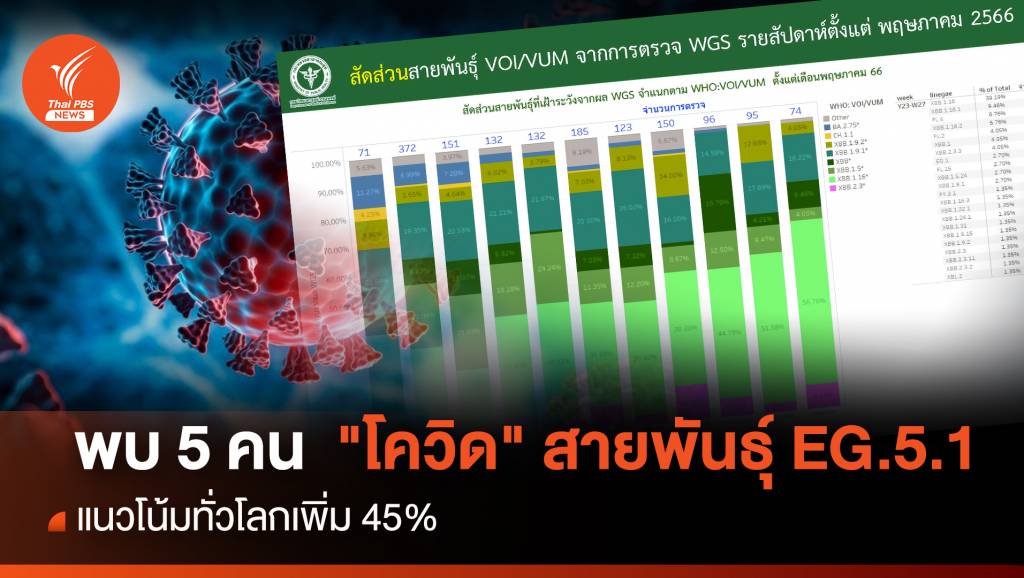 ไทยพบ 5 คน "โควิด" สายพันธุ์ EG.5.1 แนวโน้มทั่วโลกเพิ่ม 45% | Thai PBS News ข่าวไทยพีบีเอส